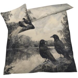 OmErsa Crow Duvet Cover King Size Bedding Set 3 PCS, Scenery Comforter Cover & 2 Pillowcases Soft Microfiber Patterned Bedroom Decorations for Adults Teens