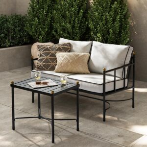 mopio odelia patio loveseat, small outdoor couch, sofa, conversation piece, for outside lounging at lawn, front porch, balcony, apartments, yard, bistro