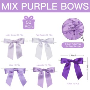 LIZLOVESS 5 Colors Purple Twist Tie Bows for Treat Bags 3.5" Pre-Tied Lilac Satin Ribbon Bows Gift Wrap Bows Premade Bows for Crafts, Cake Pops, Wedding, Hair, Party Favors, Baked Goods (50 Pack)