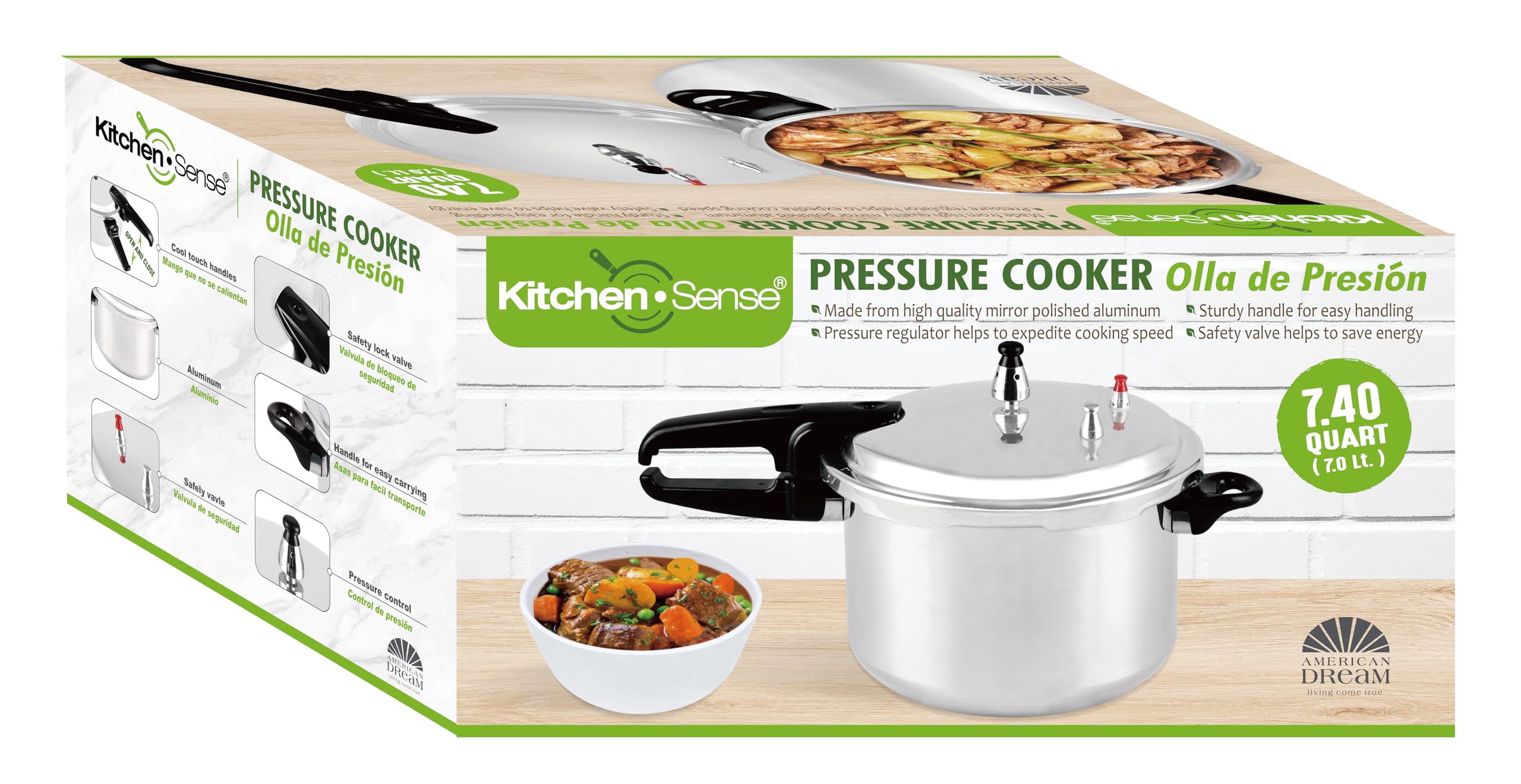 Kitchen Sense Pressure Cooker, 7.4 Quart Aluminum Stove Top Pressure Pot Cooker - Olla de Presión, Stainle steel