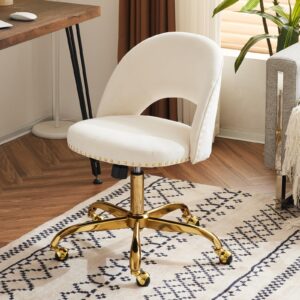 vingli modern velvet small office chair,cute desk chair with wheels,gold base/studs, comfy armless swivel vanity task chair for women/girl/kids, nail tech chair for bedroom,small space,white