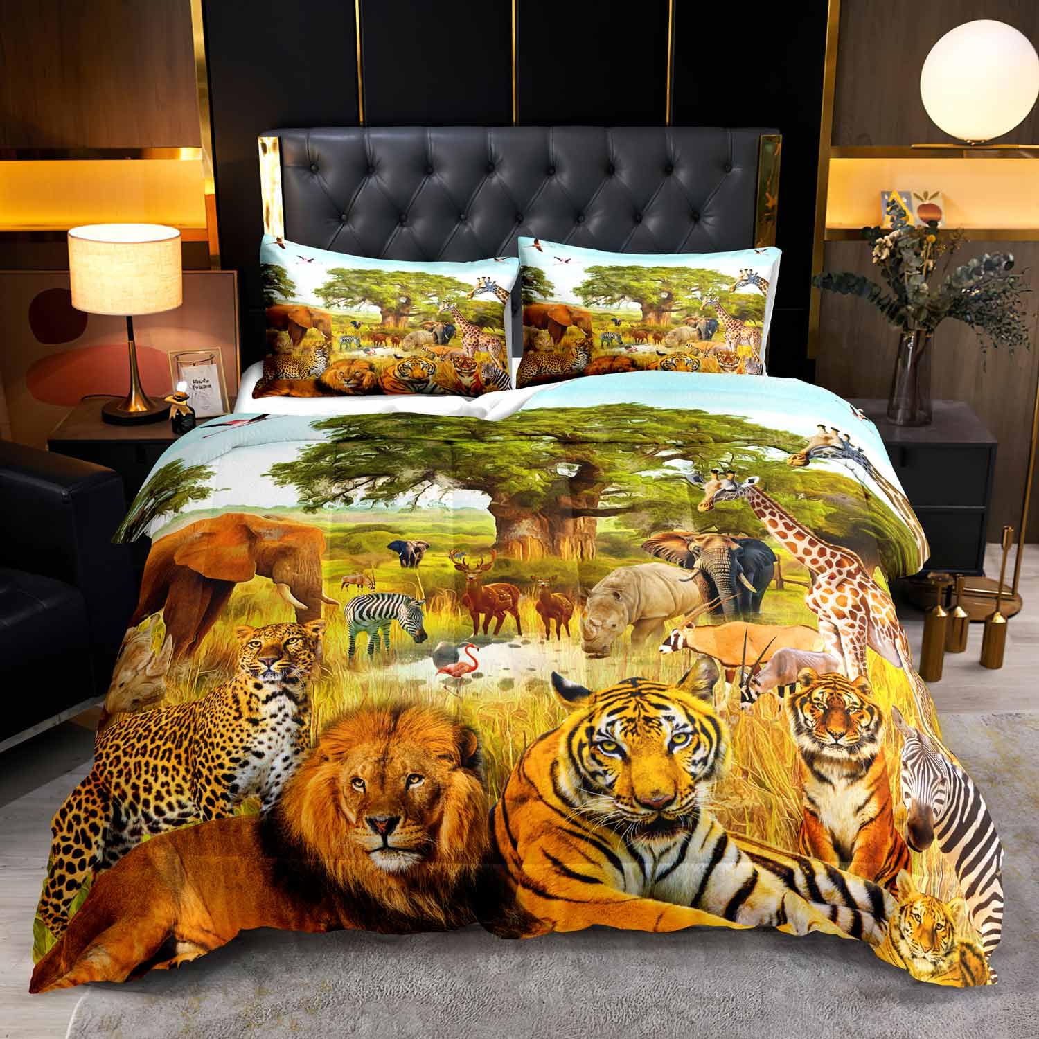 LUVIVIHOME 3PCS Kids Comforter Set Queen Size, Safari Animal Bedding for Boys Girls, Zoo Jungle Animal Tiger Lion Leopard Elephant Zebra Giraffe African Wildlife Wild Animal Bedroom Set, 2 Pillowcases