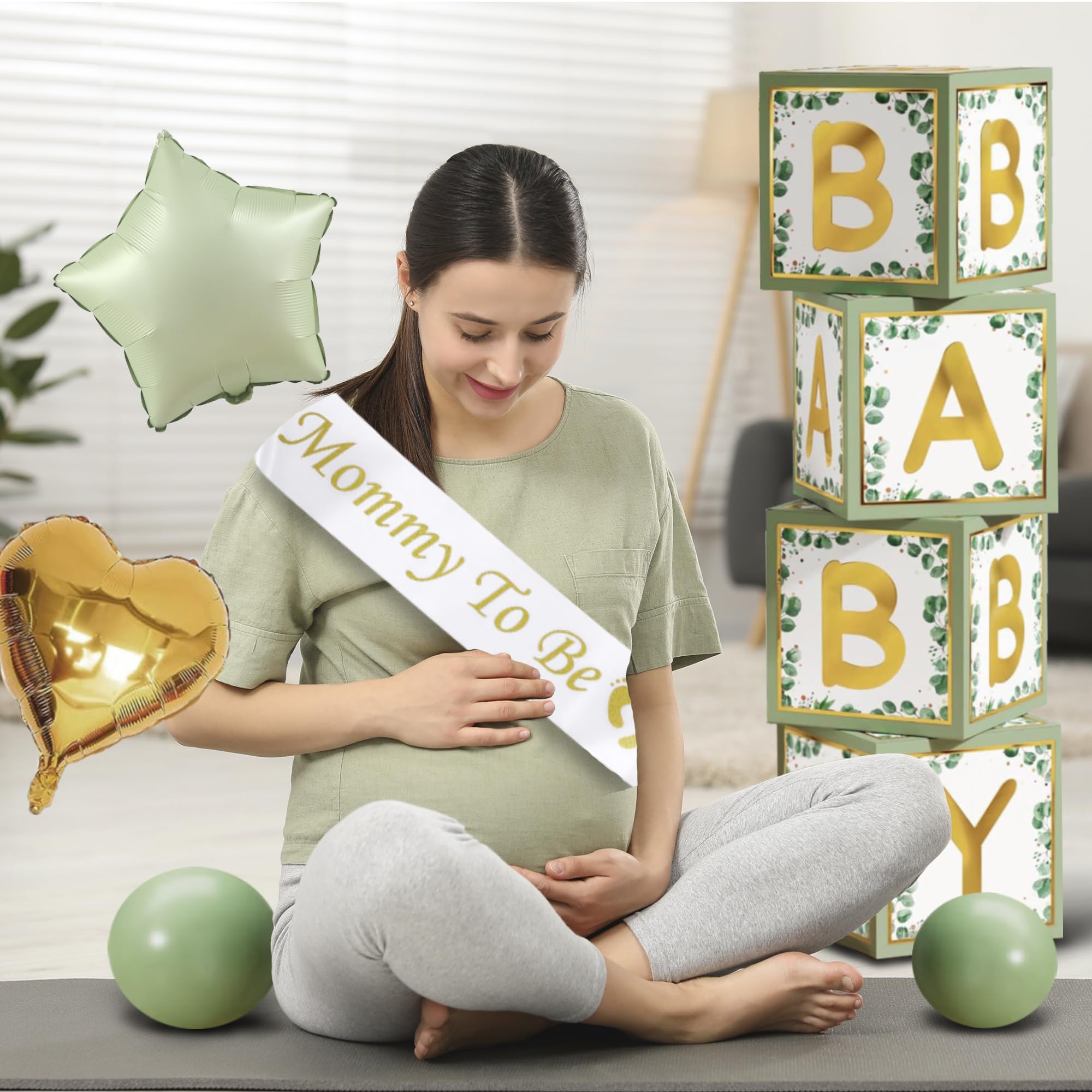 Sage Green Baby Shower Decorations,All In One Set,Neutral Baby Shower Supplies Kit, With 4 Balloon Blocks,12 Tableware Sets, Disposable Plates, "OH BABY" Balloons,Sage Baby Shower Tablecloth, Toppers