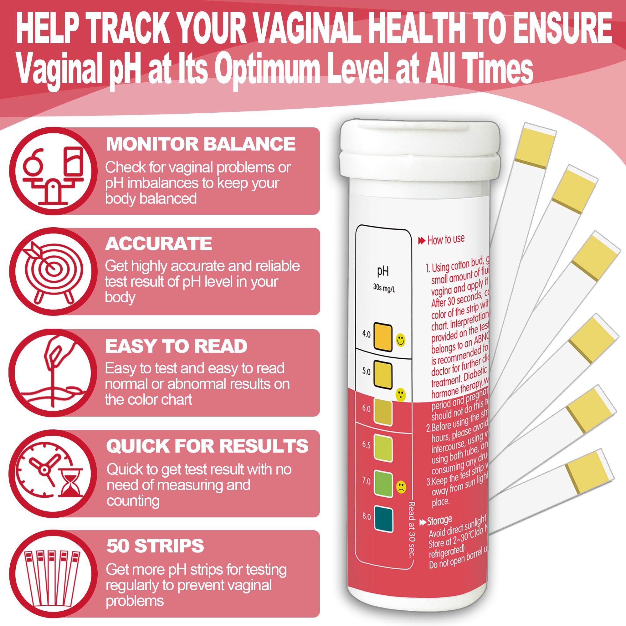 50ct Vaginal pH Test Strips for Women, Easy to Use for Quick & Accurate Results - pH Balance Test Strips for Women to Monitor Feminine Hygiene & Detect Any Imbalances, Easy to Read Results