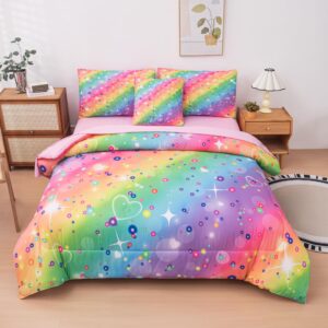 mwmwmw full size comforter sets for girls, kids bedding sets for girls, rainbow comforter full, 6 pcs bed in a bag girls (1comforter, 1flat sheet, 1fitted sheet, 1 pillow cover, 2pillowcases)