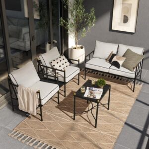 mopio Odelia Patio Furniture Set of 4, Outdoor Sectional Conversation Set, Small Metal Backyard, Front Porch, Balcony Furniture for Apartments, with Patio Chairs Set of 2, Loveseat, Coffee Table