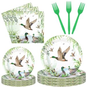 sunnyray 96 pcs mallard duck party decorations supplies duck hunting birthday party tableware set mallard duck baby shower plates napkins forks for 24 guests