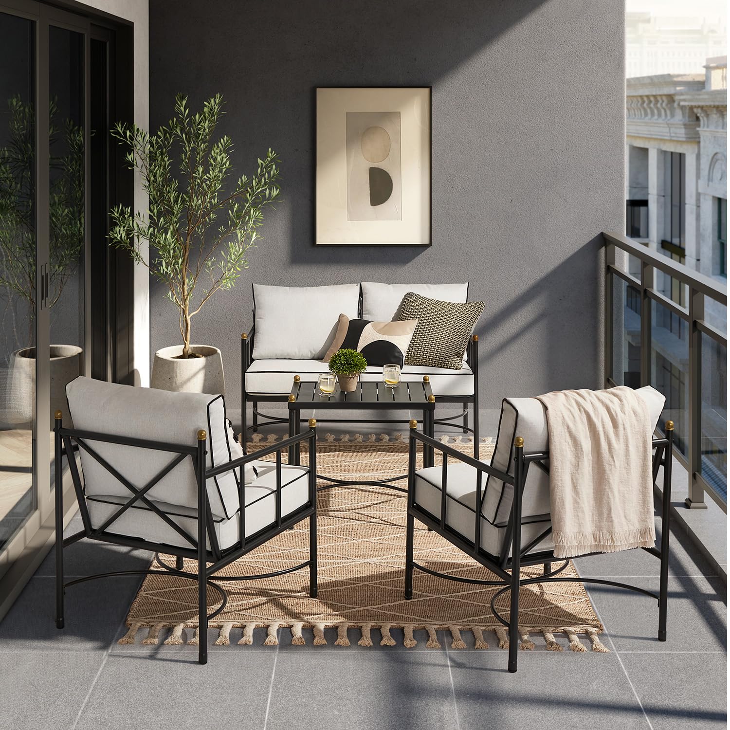 mopio Odelia Patio Furniture Set of 4, Outdoor Sectional Conversation Set, Small Metal Backyard, Front Porch, Balcony Furniture for Apartments, with Patio Chairs Set of 2, Loveseat, Coffee Table