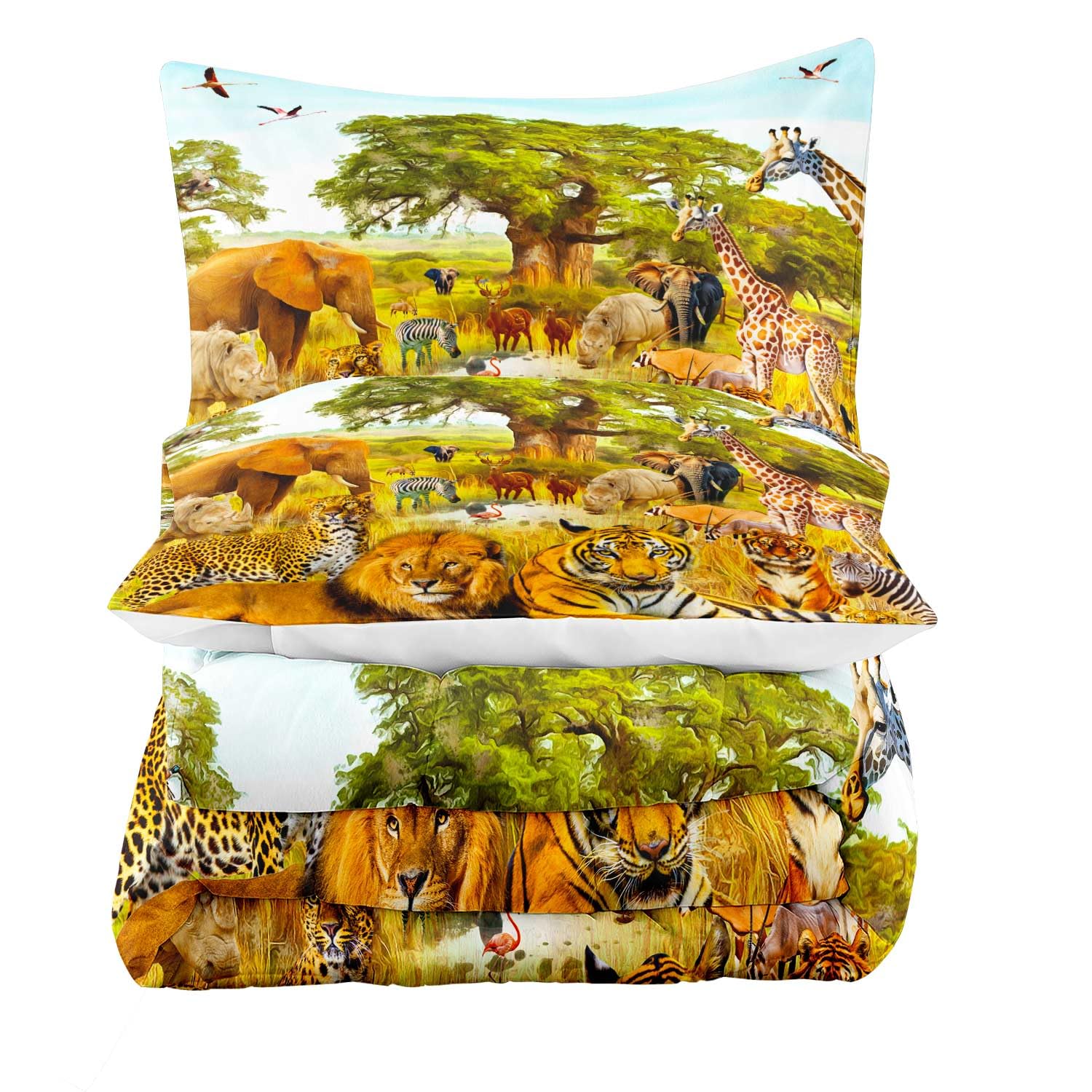 LUVIVIHOME 3PCS Kids Comforter Set Queen Size, Safari Animal Bedding for Boys Girls, Zoo Jungle Animal Tiger Lion Leopard Elephant Zebra Giraffe African Wildlife Wild Animal Bedroom Set, 2 Pillowcases