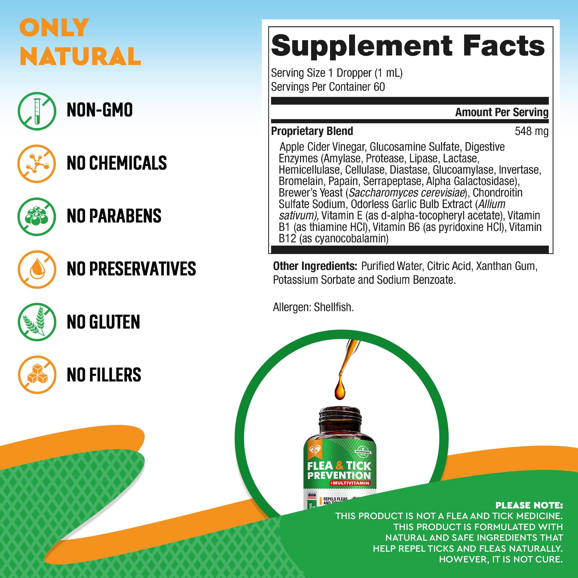 Oral Flea & Tick Prevention for Dogs and Cats - Natural Flea Control and Medicine & Treatment for Small and Large Dogs - Multivitamin Drops Supplements for Pets Made in USA