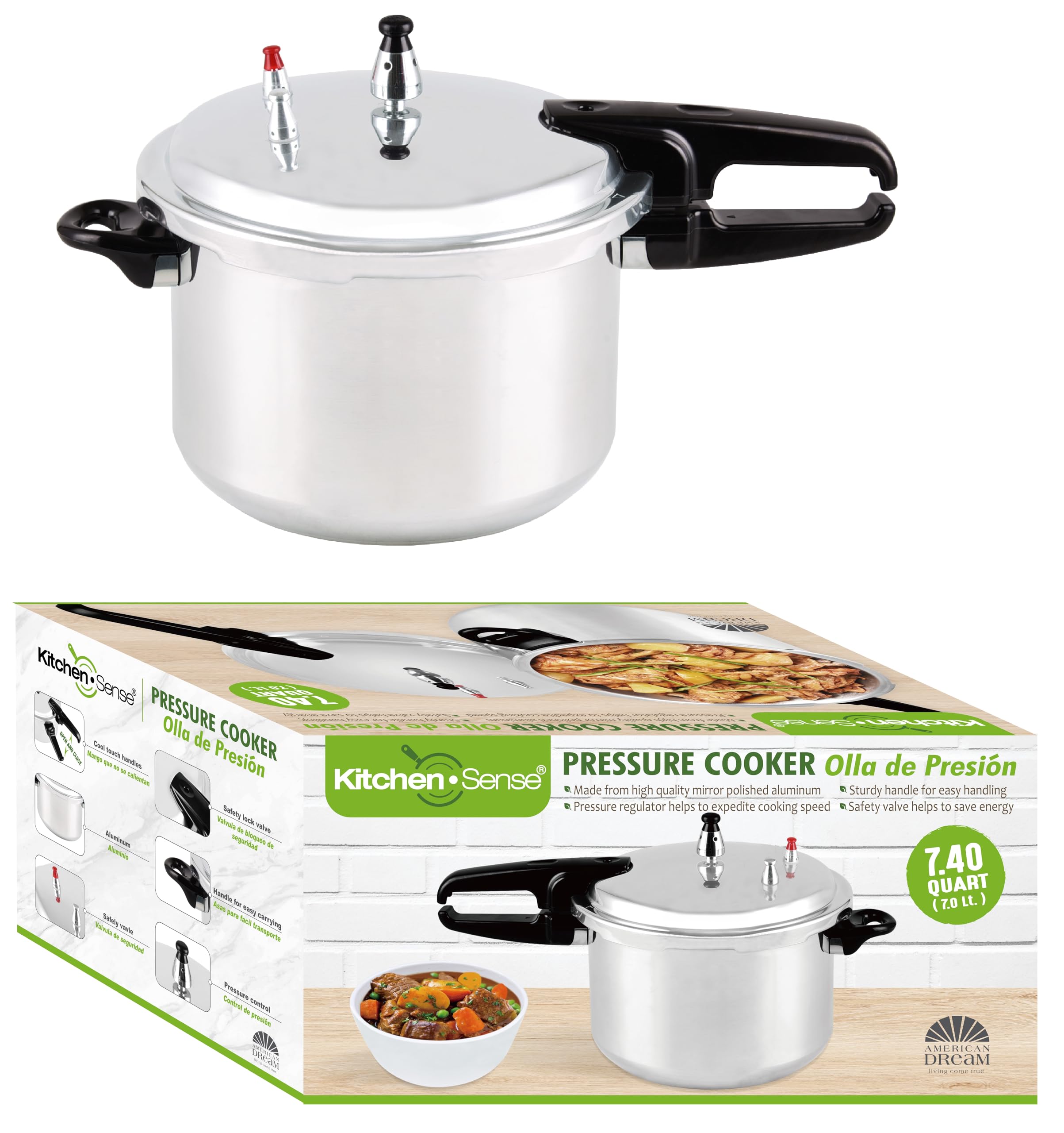 Kitchen Sense Pressure Cooker, 7.4 Quart Aluminum Stove Top Pressure Pot Cooker - Olla de Presión, Stainle steel