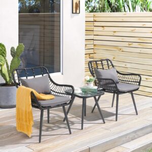 wood-it 3 piece patio set, outdoor wicker conversation chair sets, all-weather rattan bistro furniture set with glass top table, cushions & lumbar pillows for porch balcony deck backyard poolside