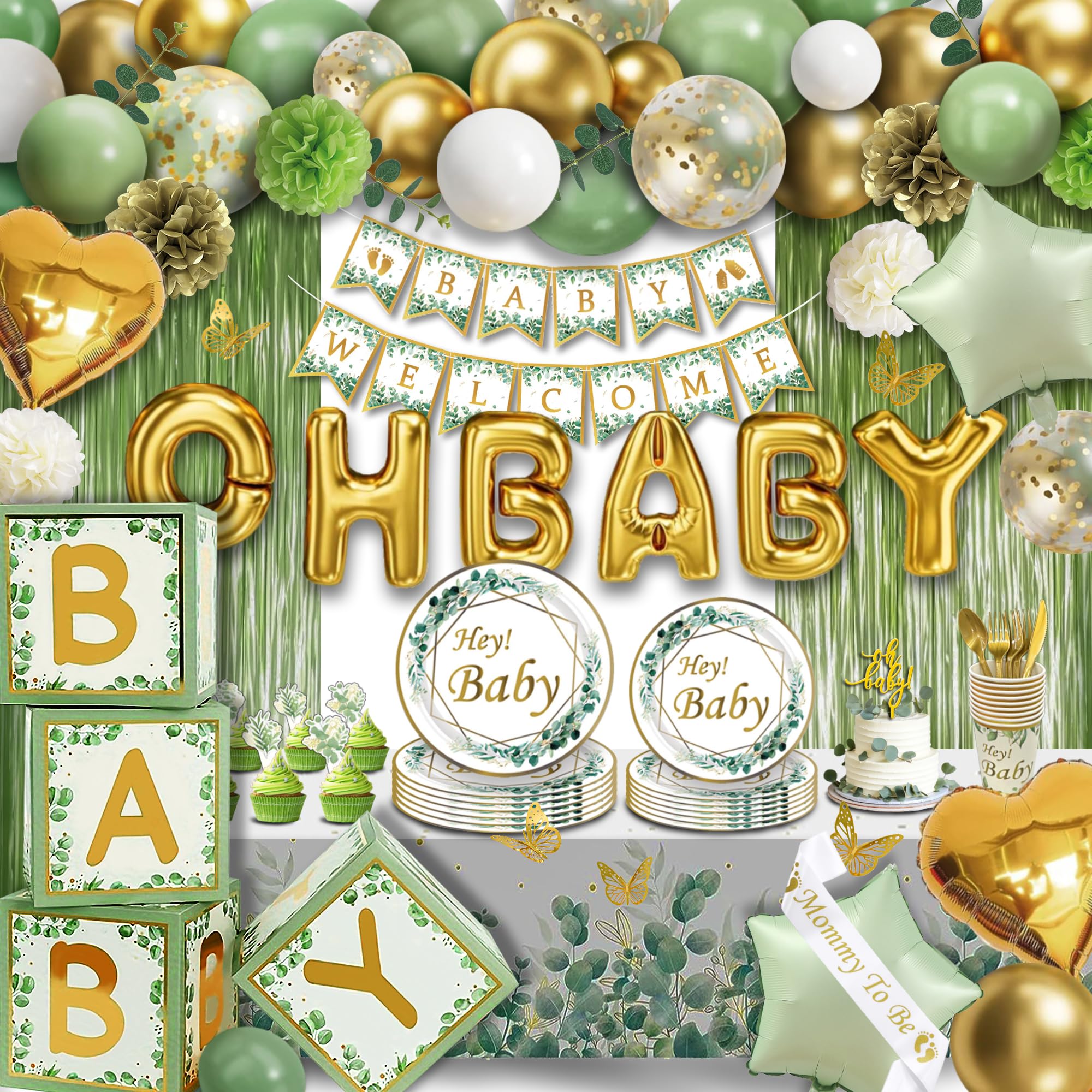 Sage Green Baby Shower Decorations,All In One Set,Neutral Baby Shower Supplies Kit, With 4 Balloon Blocks,12 Tableware Sets, Disposable Plates, "OH BABY" Balloons,Sage Baby Shower Tablecloth, Toppers