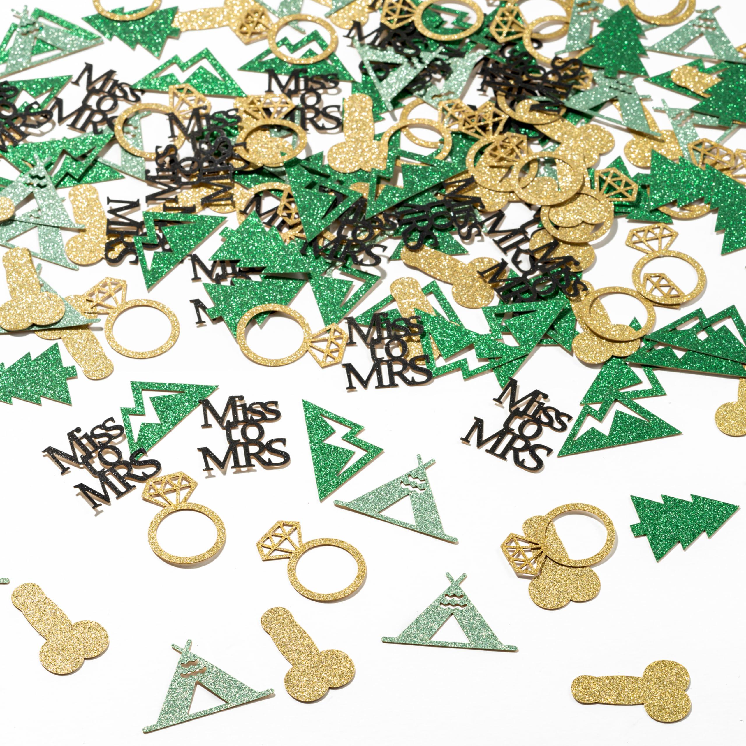 BeYumi Camp Bachelorette Table Confetti - 300Pcs Camping Table Confetti Decorations Table Gold Glitter Diamond Ring Miss to Mrs Mountain Tent Paper Confetti Decor for Hiking Engagement Party Supplies