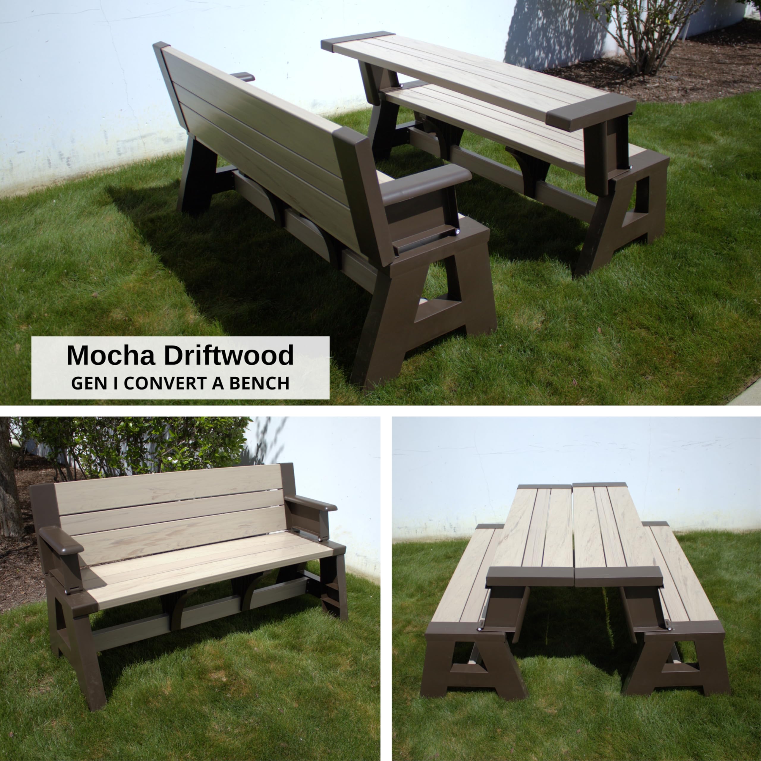 Convert-a-Bench Folding Resin Picnic Table and Bench | Mocha Driftwood