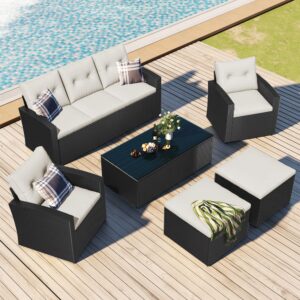 biadnbz 6-piece patio furniture sets with coffee table and ottomans, pe rattan outdoor conversation sectional sofa couch for garden backyard poolside, black wicker+beige cushion