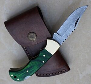 nesmo-504 handmade damascus steel folding knife 6.5'' pocket knife with leather pouch, back lock knife for hunting, camping, skining and outdoor (green pakka wood handle)