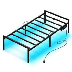 kkl twin bed frames with led lights, 14inch heavy duty steel platform bed frame with mattress retainer bar, storage space beneath bed, no box spring needed, easy assembly, noise free