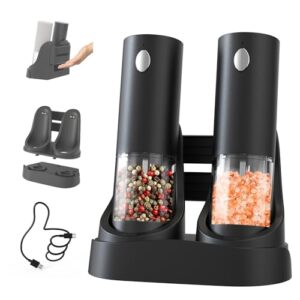 circle joy electric salt and pepper grinder set automatic salt and pepper grinder set with easy-to-carry charging base and led light, adjustable coarseness, usb rechargeable, washable container, black