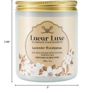 LUEUR LUXE Lavender Eucalyptus Scented Soy Wax Candle - 7oz | Aromatherapy Infused with Natural Essential Oils | Relaxing Home Fragrance