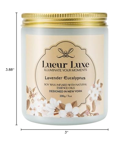 LUEUR LUXE Lavender Eucalyptus Scented Soy Wax Candle - 7oz | Aromatherapy Infused with Natural Essential Oils | Relaxing Home Fragrance