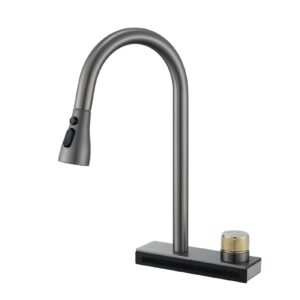 wtezrsrgg kitchen faucet pull out, big waterfall kitchen sink faucet with 3 functions sprayers, single hole sink mixer kitchen tap with rotate button,black (color : brushed gunmetal)