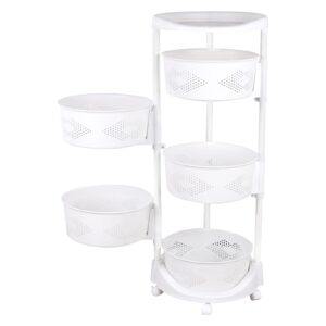 round rotating storage shelf 5-tier kitchen rack organizer household floor-standing vegetables basket rack with lockable casters for kitchen, living room, white