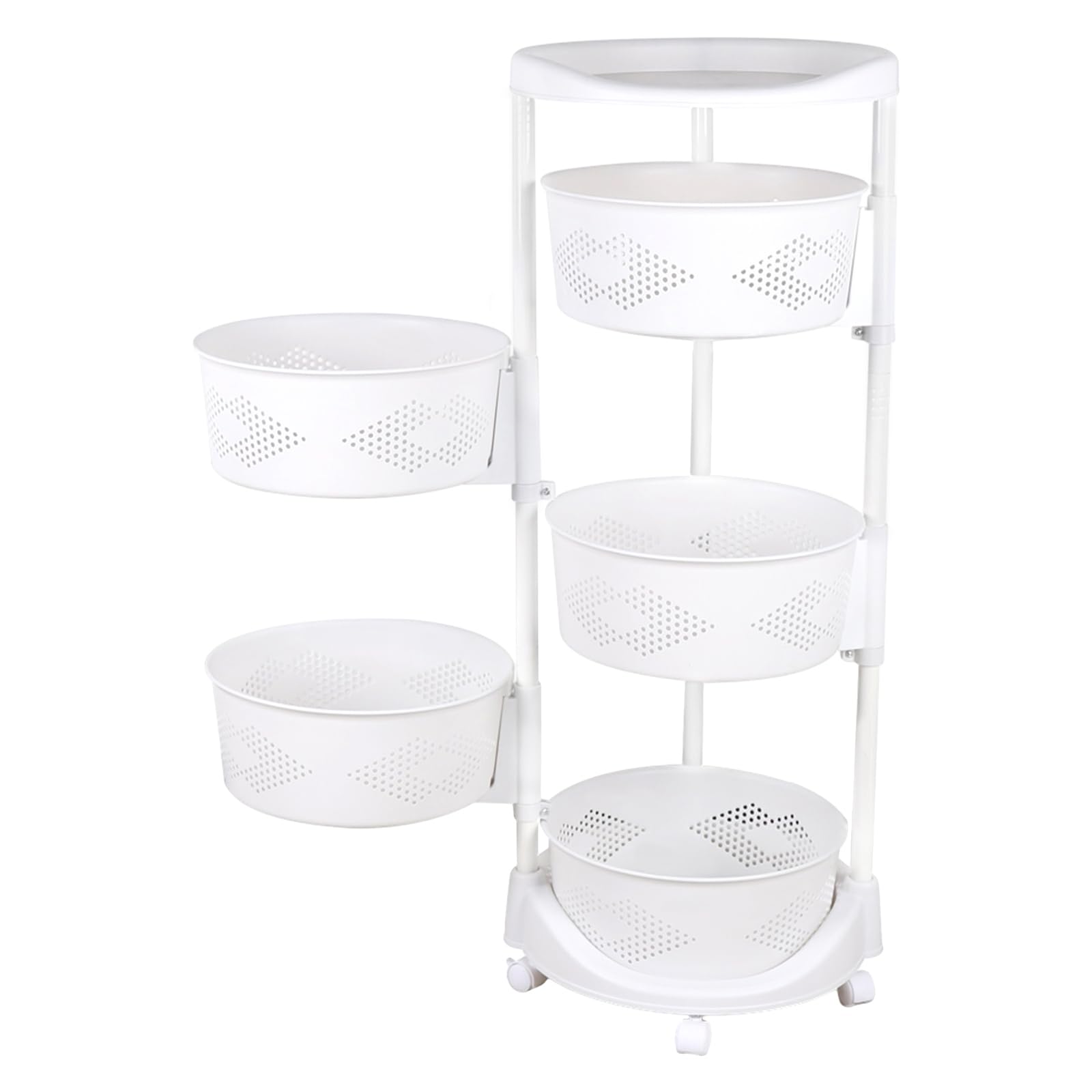 Round Rotating Storage Shelf 5-Tier Kitchen Rack Organizer Household Floor-Standing Vegetables Basket Rack with Lockable Casters for Kitchen, Living Room, White