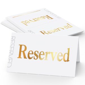 elegaaura 20 pack reserved table signs - gold foil reserved seating signs with name tag line, double sided table place cards for wedding chairs, church pews, party, restaurant, tent cards for reserving event reception seats & places, 4x6 in folded