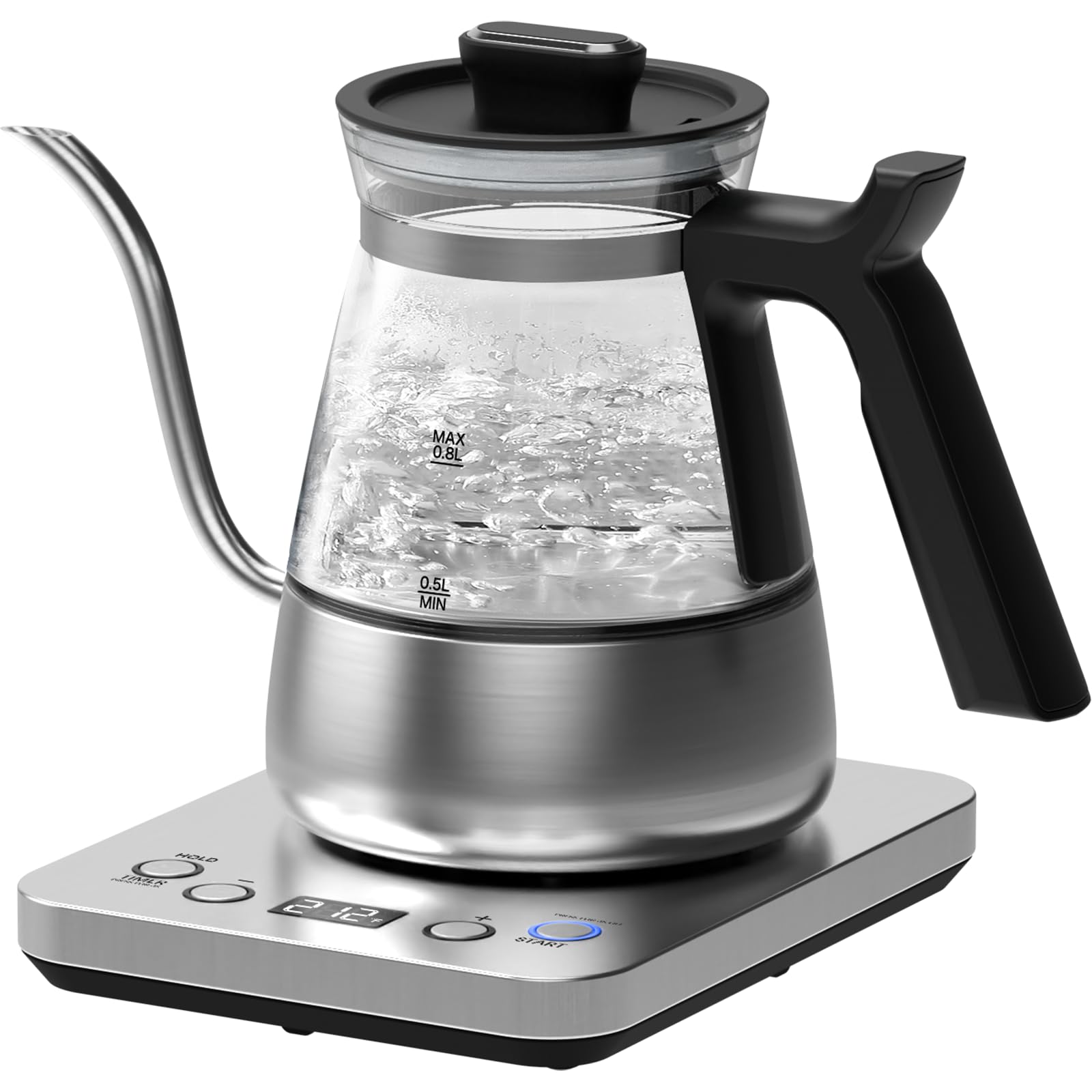 Electric Gooseneck Glass Kettle with Temperature Control, 1200W Rapid Boiling Electric Kettle for Pour-Over Tea Coffee, LCD Display, 1H Keep Warm, 0.8L, Silver