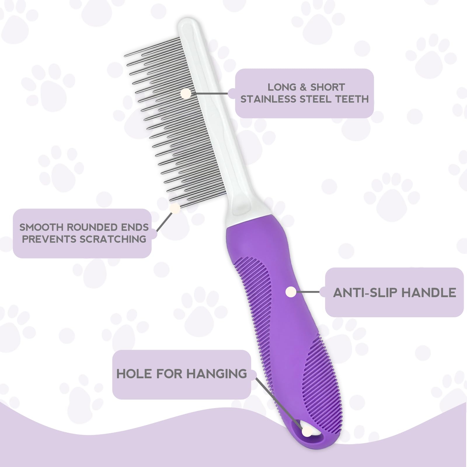 Detangling Pet Comb for Dog & Cat, Grooming Comb with Long & Short Stainless Steel Teeth, Safely Remove Knots & Tangles for Healthy Shiny Coat, Gentle Effective Detangling Tool for Pet Hair (Purple)