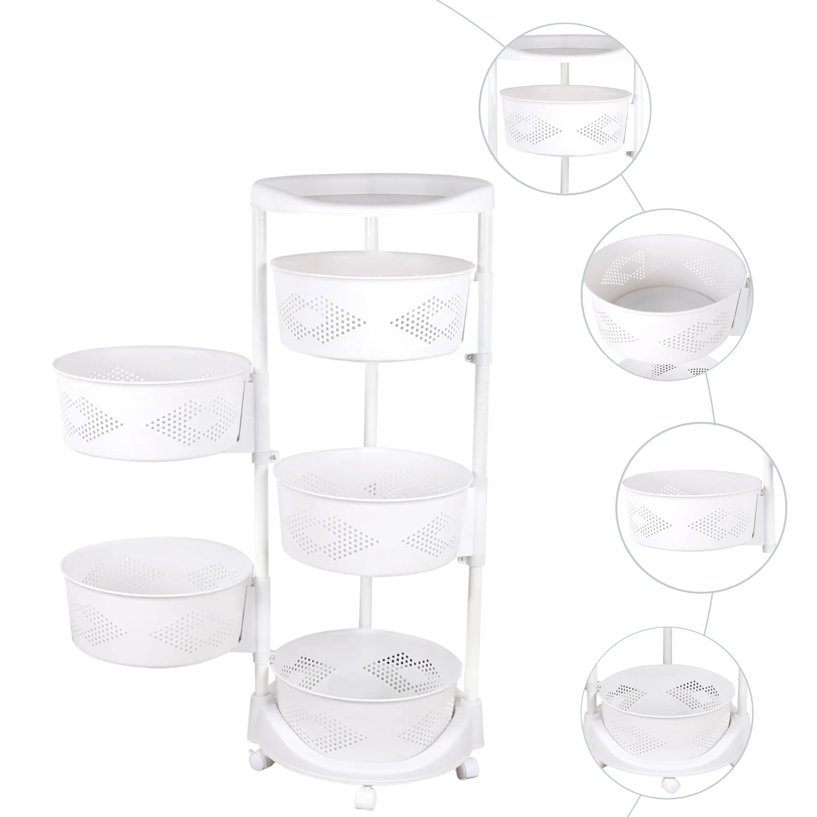 Round Rotating Storage Shelf 5-Tier Kitchen Rack Organizer Household Floor-Standing Vegetables Basket Rack with Lockable Casters for Kitchen, Living Room, White