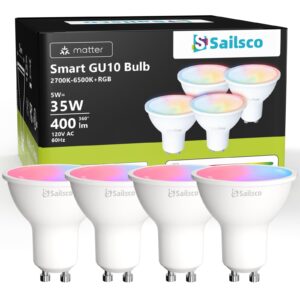 sailsco matter smart light bulbs,wifi smart bulbs work with alexa/google home/smart life,rgbcw color changing led light bulbs music sync,gu10 35w 400lm,2.4ghz wifi only,no hub required,4 pack