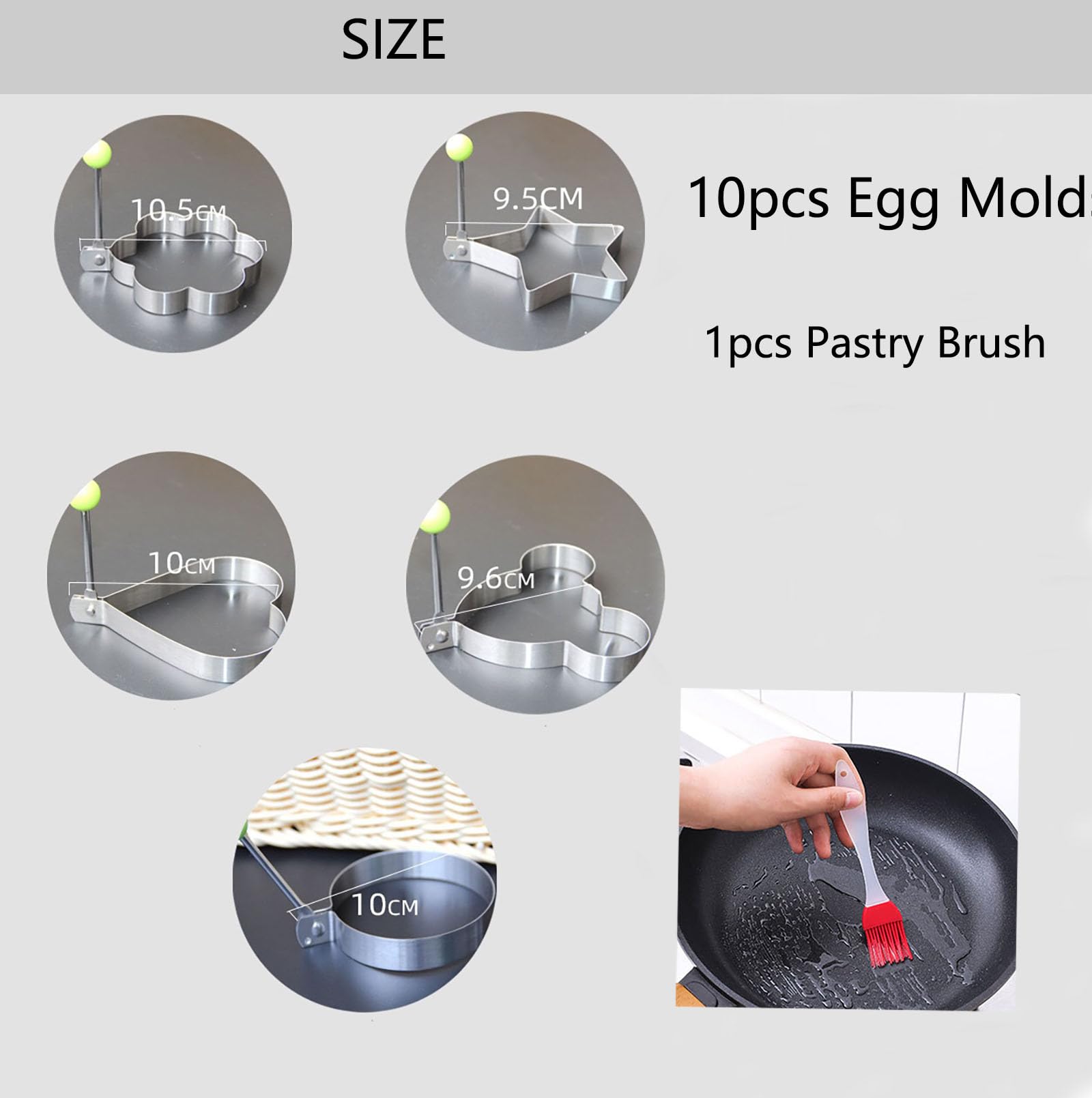 10pcs Egg Molds Egg Shaper Egg Ring For Frying Eggs Stainless Steel Nonstick Pancake Maker with Handle Egg Fryer Mold Cooking Breakfast Accessories