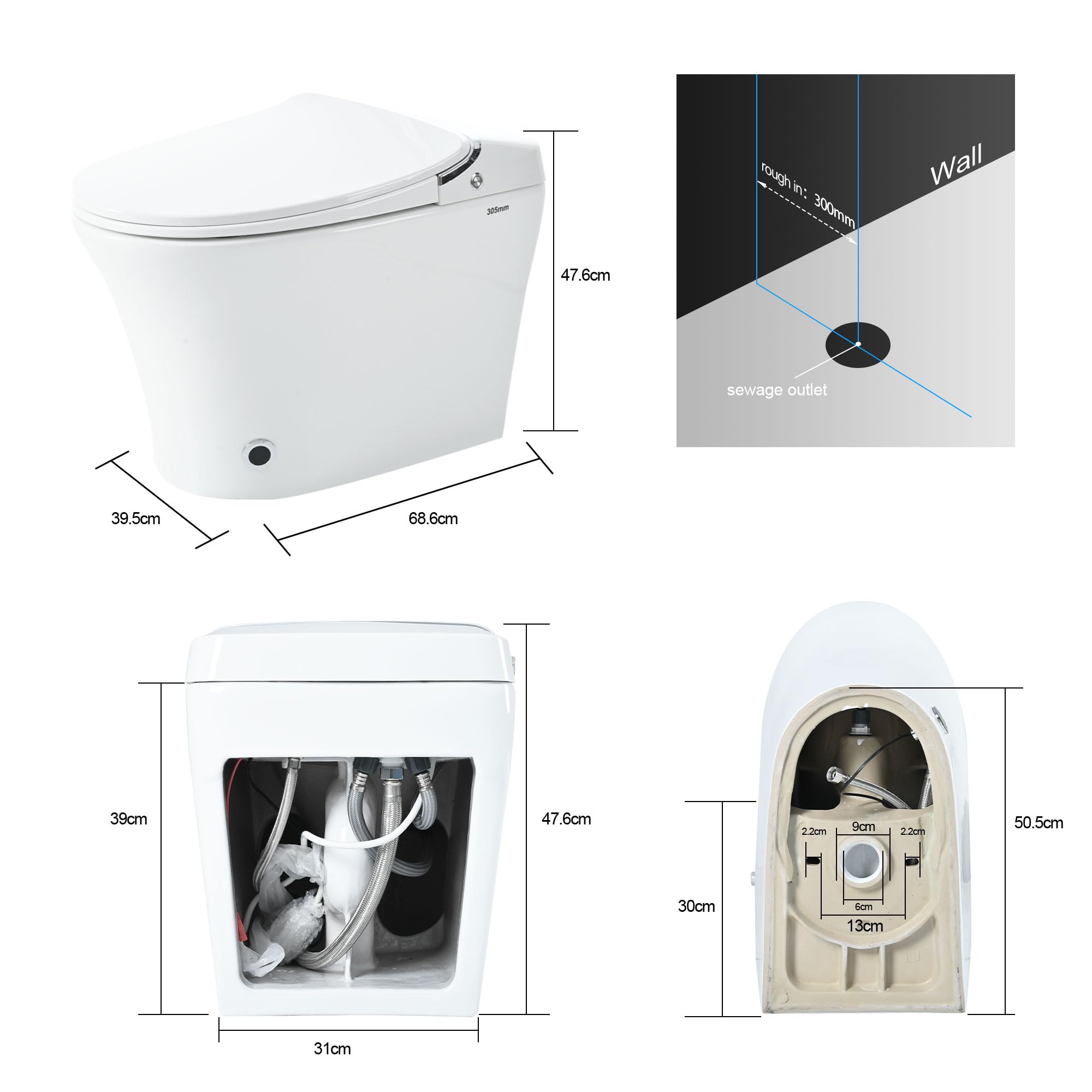 Beleda Luxury Smart Toilet with Dryer and warm water, Elongated Bidet Toilet with Heated Seat, with Remote Control, LED Night Light, Power Outage Flushing, Soft Close Cover