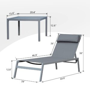 Domi Patio 3 Pieces Textilene Chaise Lounge Set with Side Table Outdoor,Adjustable Back&Pillow for Yard,Garden,Sunbathing,for All Seasons,Grey