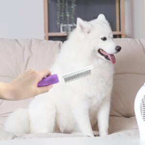 Detangling Pet Comb for Dog & Cat, Grooming Comb with Long & Short Stainless Steel Teeth, Safely Remove Knots & Tangles for Healthy Shiny Coat, Gentle Effective Detangling Tool for Pet Hair (Purple)