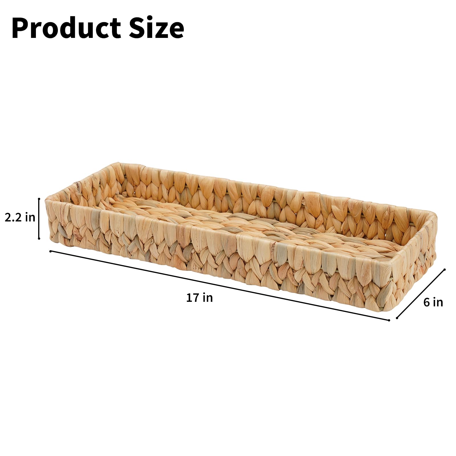 MTJYQYF Woven Bathroom Trays Toilet Tray - 17 IN Bathroom Counter Tray Countertop Tray for Storage Toilet Paper Hand Towel Cosmetics, Water Hyacinth Vanity Organizer Tray Decorative Tray - 17x6x2.2 IN