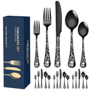 XIAOYU 20-Piece Bizarre Flatware Set, Gothic Skull Silverware Set for 4, Skeleton Flower Unique Pattern Design, Knives/Forks/Spoons Cutlery Set Halloween Event Tableware Utensils, Black