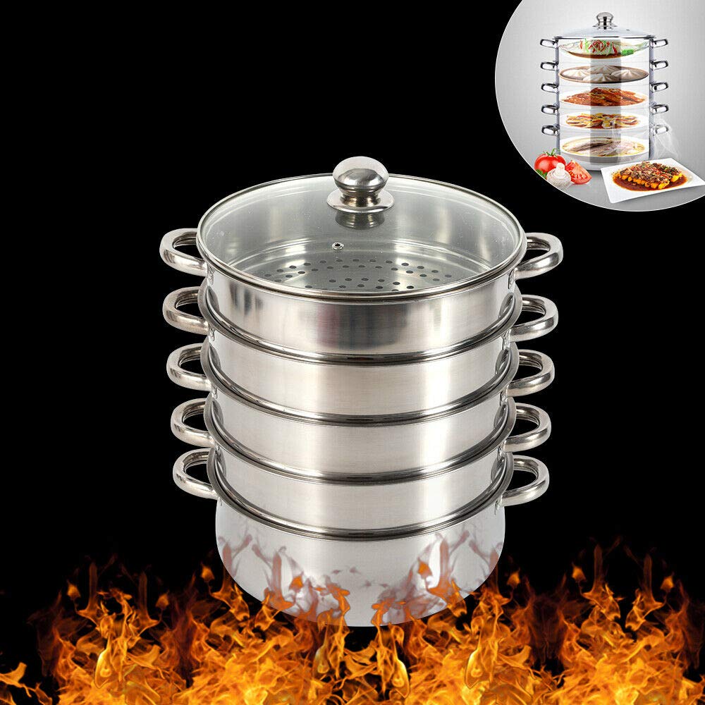 Multipurpose Stock Pot and Steamer Pot 5 Tier Pasta Pot Cooker Pot Kitchen Steaming Cookware with Lid for Cooking Vegetables, Seafood,Soups, Stews (17.71'' H)