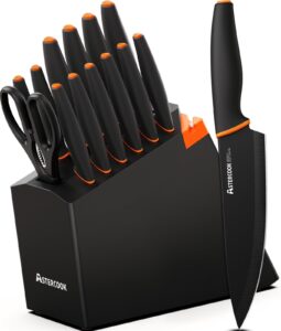 knife set, astercook 15 pcs dishwasher safe kitchen knife set with built-in sharpener, high carbon german stainless steel black knife block set