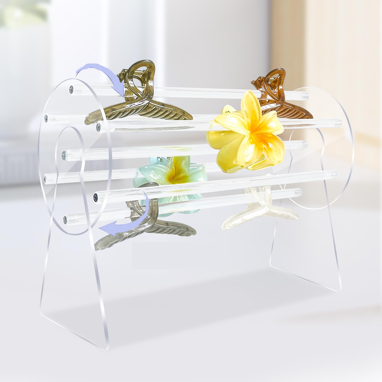 HOORITO Acrylic Hair Accessories Organizer Holder,360-Degree Rotating Claw Clip Organizer,Hair Clip Organizer Display Clear Stand for Dressing Table for Women and Girls