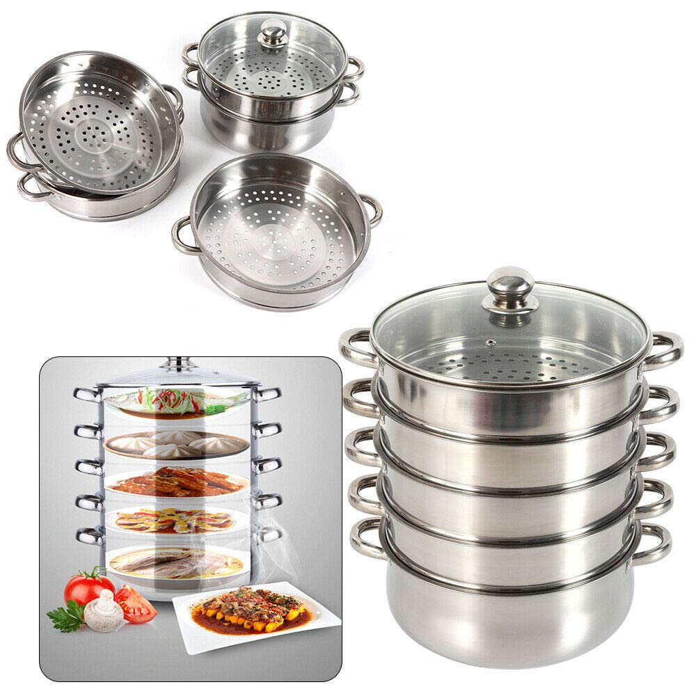 Multipurpose Stock Pot and Steamer Pot 5 Tier Pasta Pot Cooker Pot Kitchen Steaming Cookware with Lid for Cooking Vegetables, Seafood,Soups, Stews (17.71'' H)