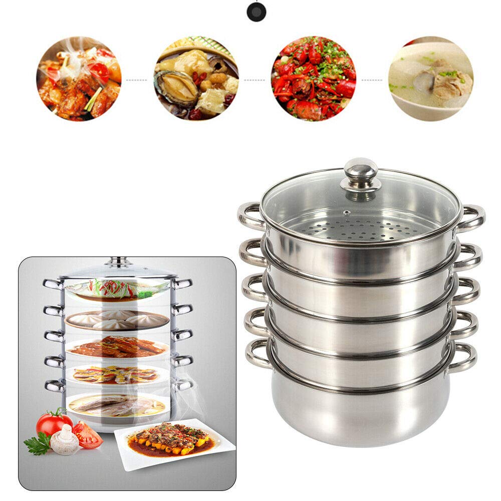 Multipurpose Stock Pot and Steamer Pot 5 Tier Pasta Pot Cooker Pot Kitchen Steaming Cookware with Lid for Cooking Vegetables, Seafood,Soups, Stews (17.71'' H)