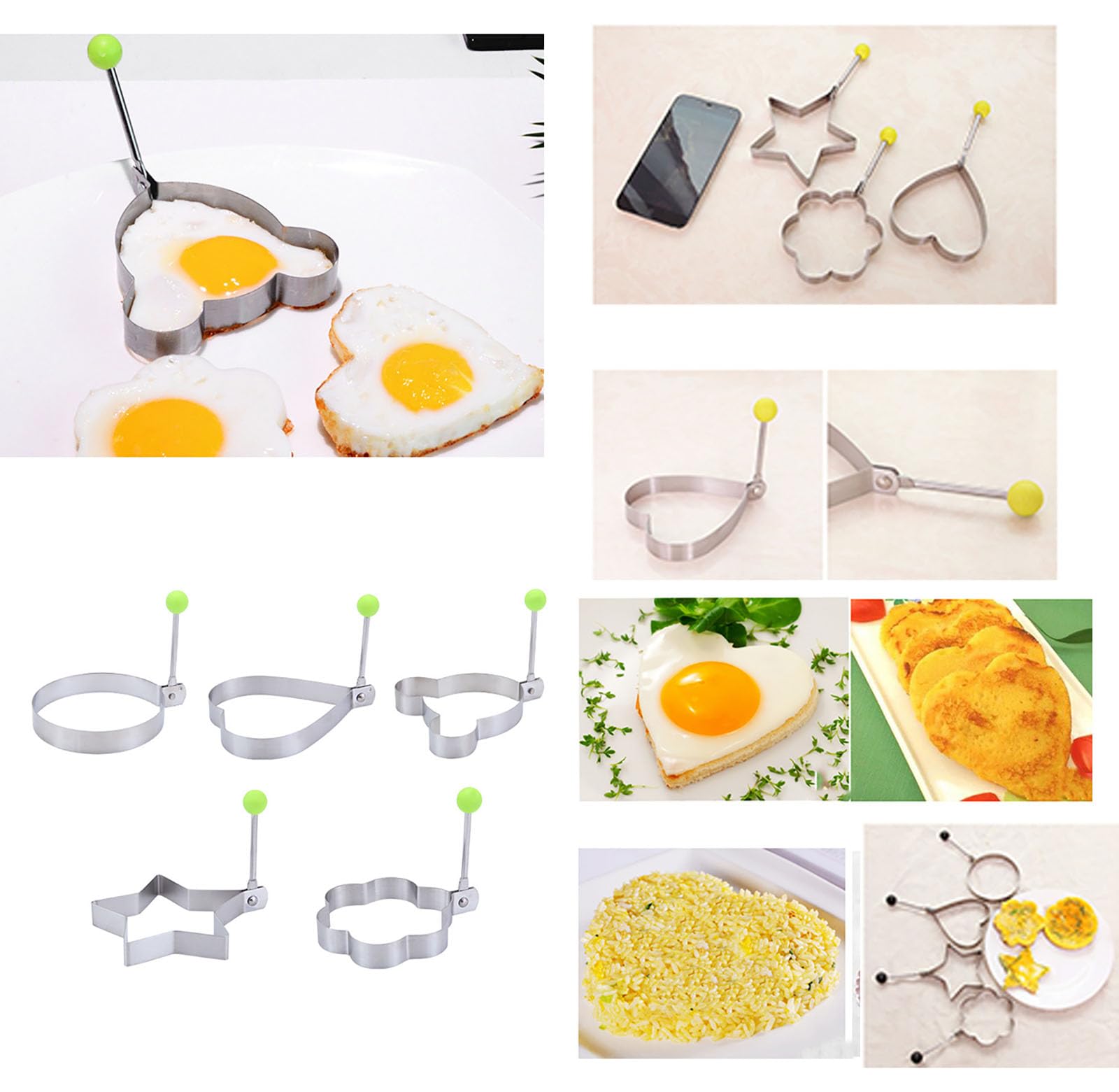 10pcs Egg Molds Egg Shaper Egg Ring For Frying Eggs Stainless Steel Nonstick Pancake Maker with Handle Egg Fryer Mold Cooking Breakfast Accessories