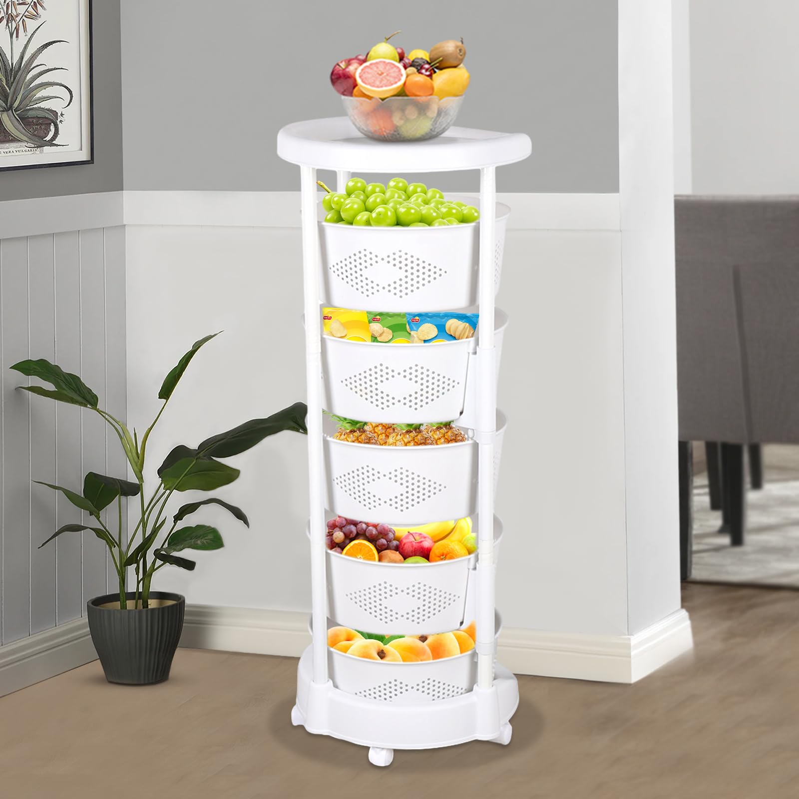 Round Rotating Storage Shelf 5-Tier Kitchen Rack Organizer Household Floor-Standing Vegetables Basket Rack with Lockable Casters for Kitchen, Living Room, White