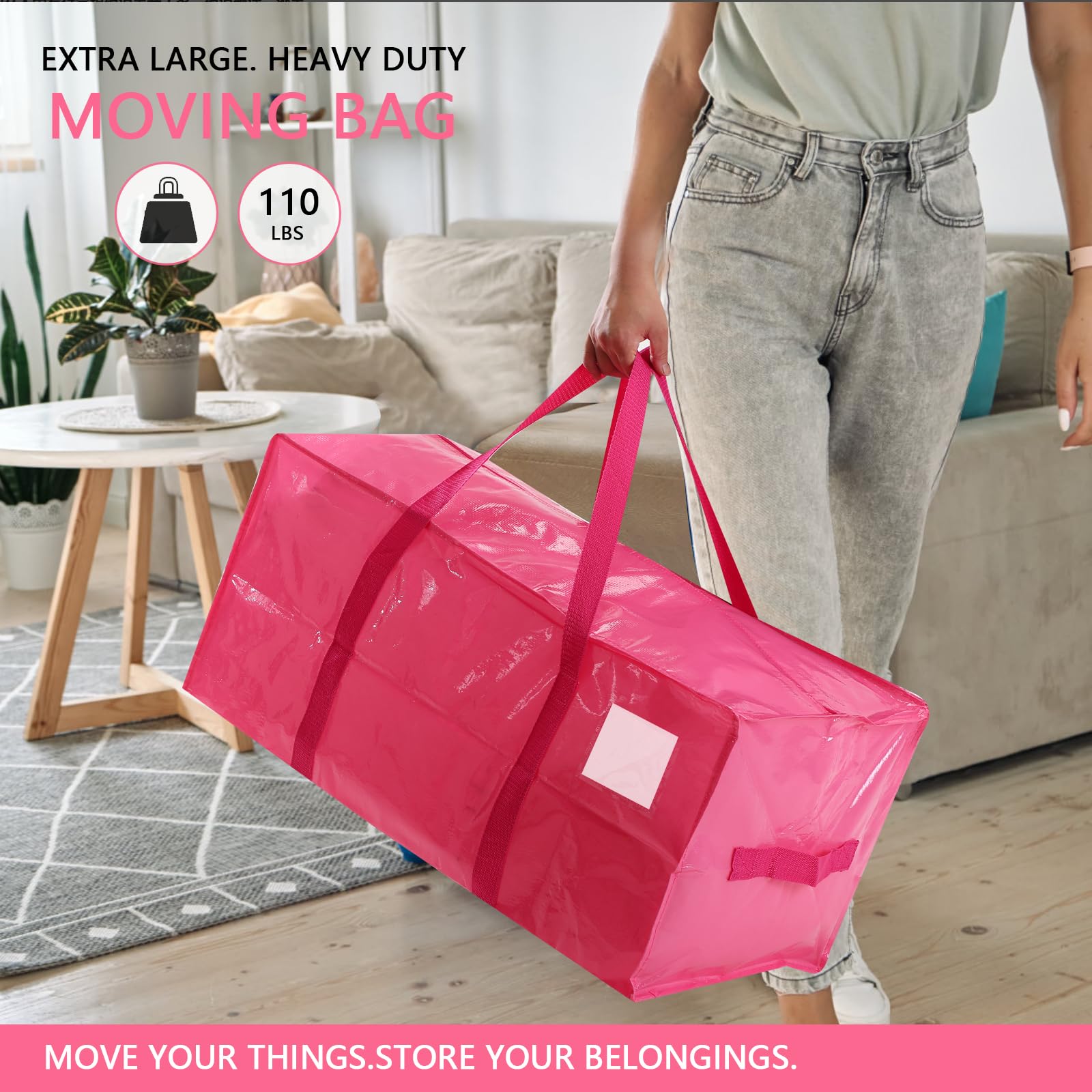 Extra Large Moving Bags with Strong Zippers and Handles Moving Supplies with lids, 8 Pack Heavy Duty Totes for Storage Bags for Space Saving, Fold Flat, Moving and Storing (8, Pink)