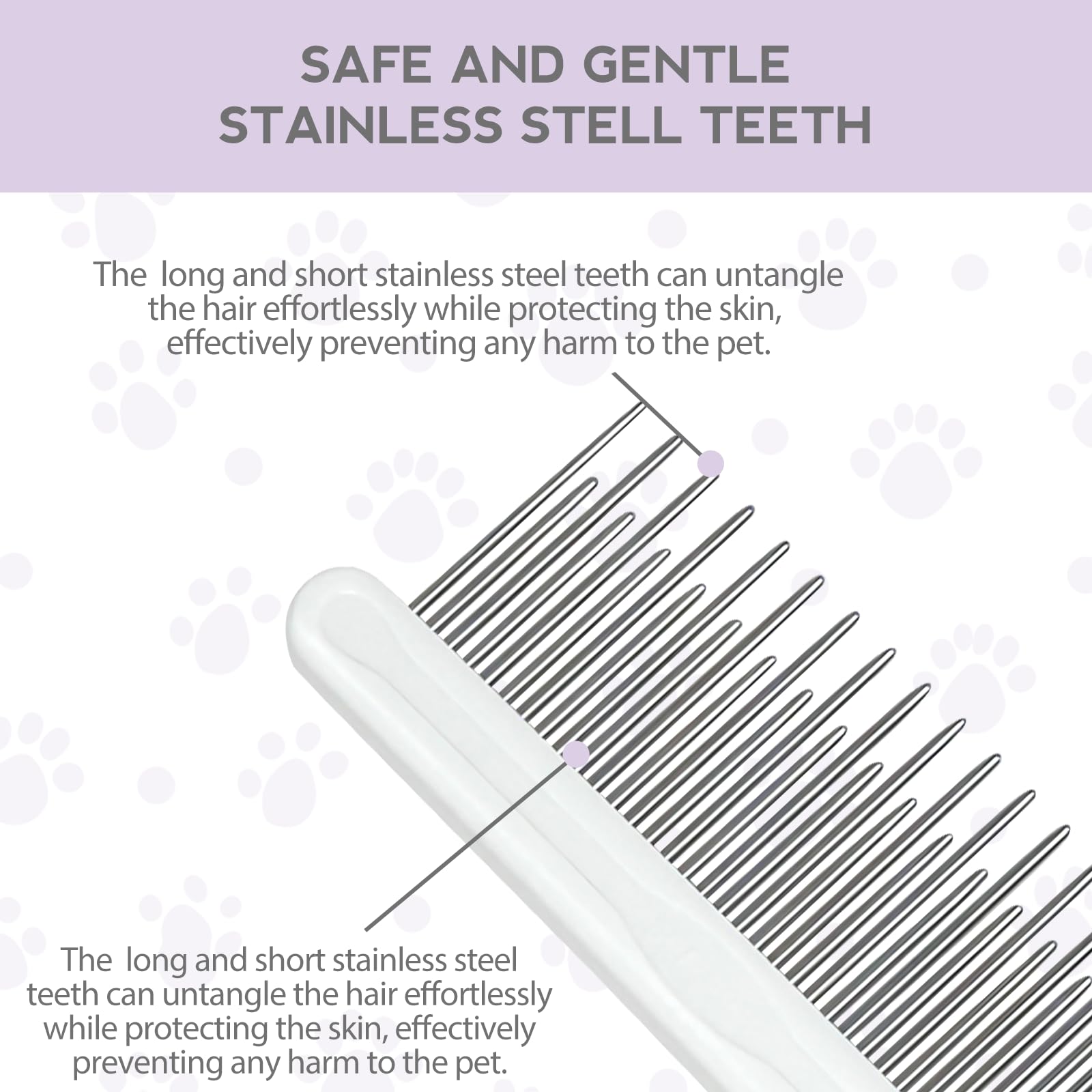 Detangling Pet Comb for Dog & Cat, Grooming Comb with Long & Short Stainless Steel Teeth, Safely Remove Knots & Tangles for Healthy Shiny Coat, Gentle Effective Detangling Tool for Pet Hair (Purple)