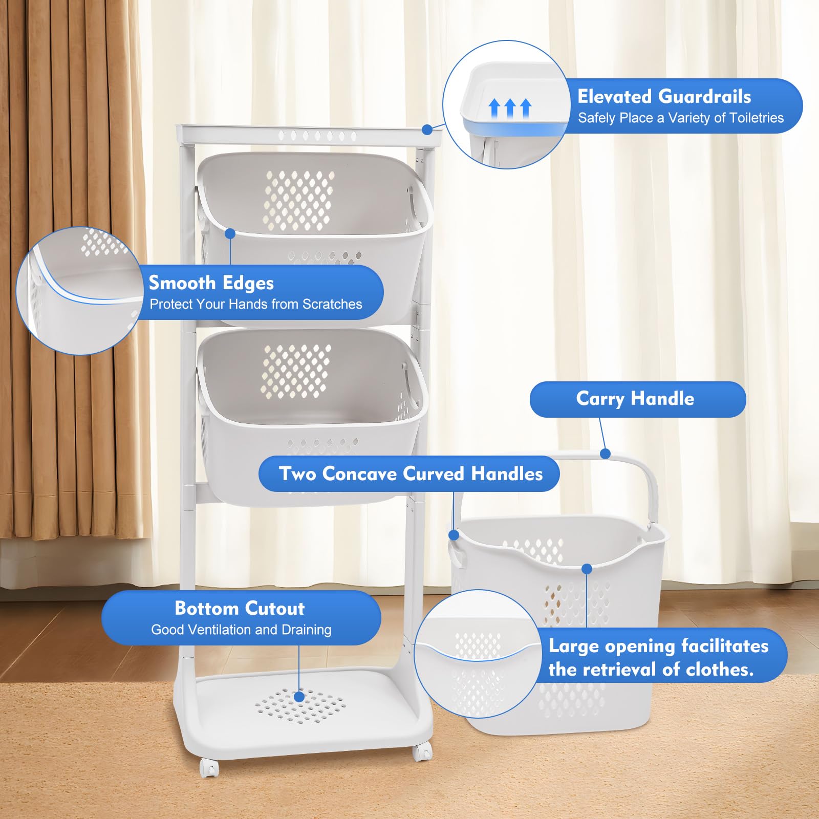 Laundry Basket with Wheels, 3-Tier Rolling Laundry Sorter with Removable Storage Basket Stackable Laundry Hamper Organizer for Bathroom, Kitchen, Office