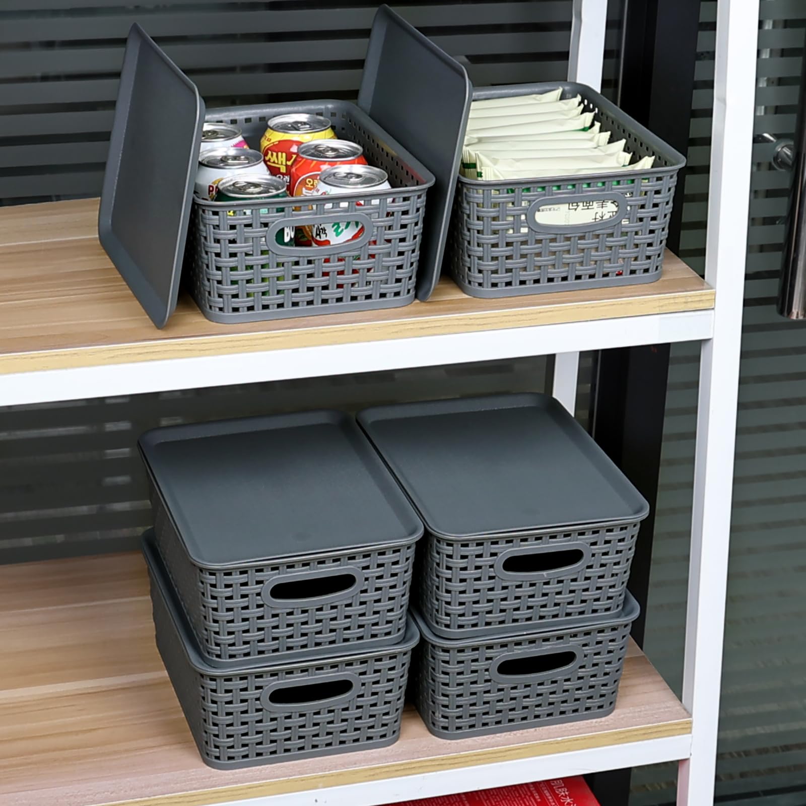 Doryh 6 Pack Plastic Storage Baskets with Lids, Small Organizer Basket for Shelves, Tabletops, Cupboards, Gray